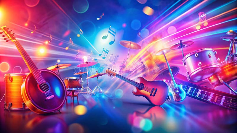 Colorful Music Instruments with Notes and Glowing Lights Stock Photo ...