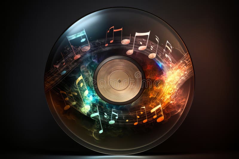 Colorful Music Notes Background with Sheet Music, Disc and Treble Clef ...