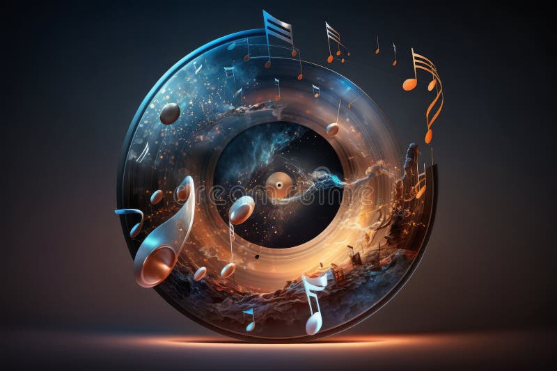 Colorful Music Notes Background with Sheet Music, Disc and Treble Clef ...