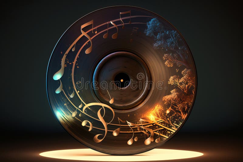 Colorful Music Notes Background with Sheet Music, Disc and Treble Clef ...