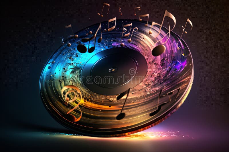 Colorful Music Notes Background with Sheet Music, Disc and Treble Clef ...