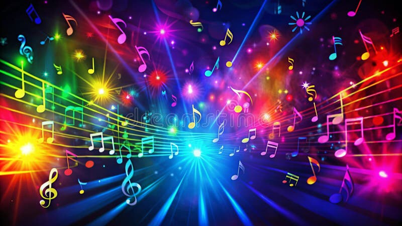 Colorful Music Notes with Glowing Lights and Stars on a Dark Background ...