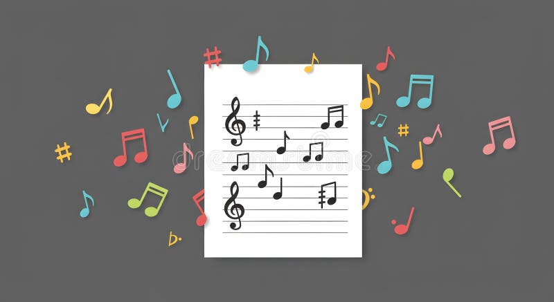 Colorful Music Notes on Grey Background with Sheet Music Stock ...