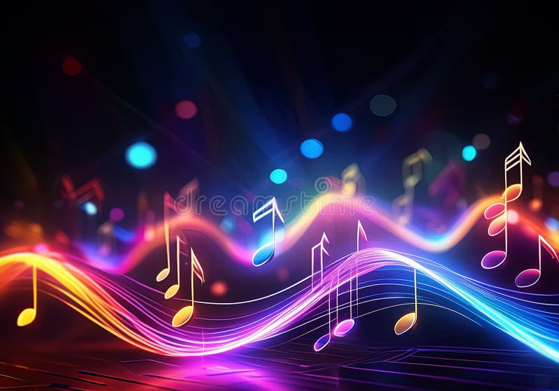 Colorful Music Notes in Neon Light Style with Dark Background Stock ...