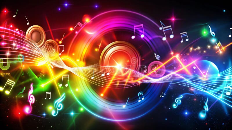 Colorful Music Notes, Speakers, and Glowing Lights on a Black ...