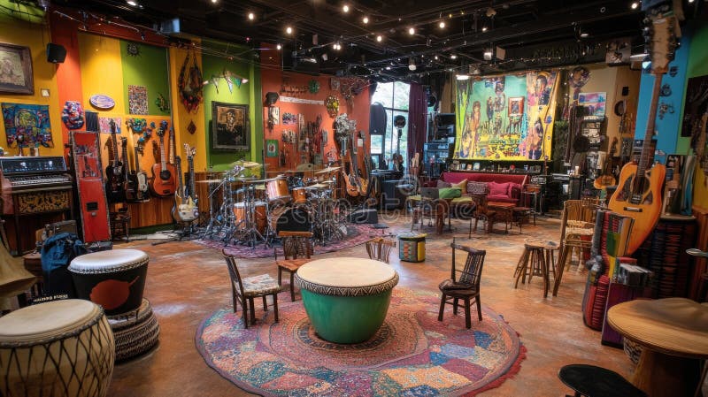 Colorful Music Studio with Instruments and Seating Stock Illustration ...