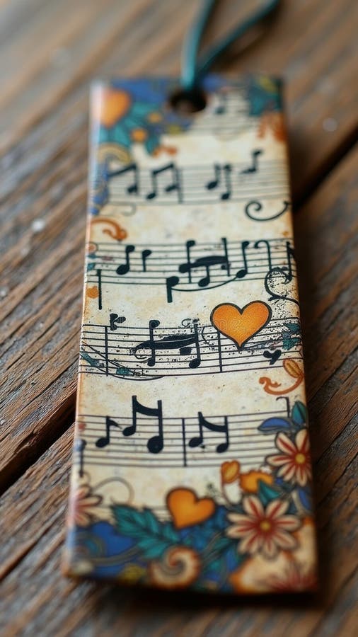 Colorful Musical Bookmark with Notes and Heart on Wooden Surface Stock ...