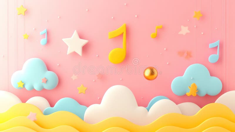 Colorful Musical Cloudscape with Stars and Notes on Pastel Background ...