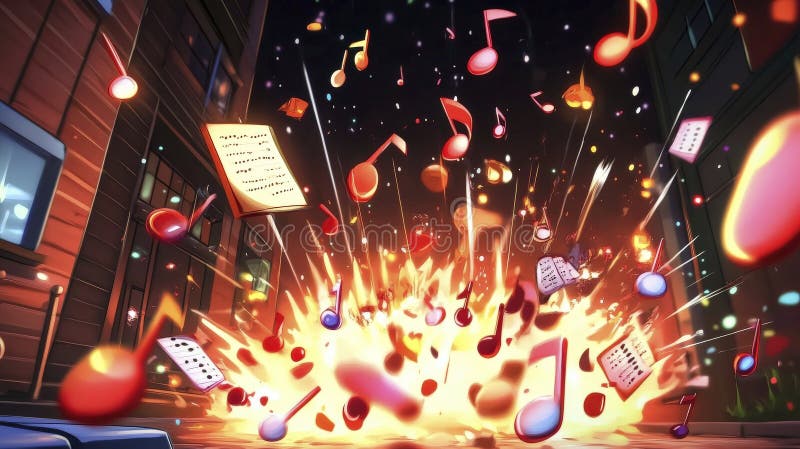 Colorful Musical Explosion in Urban Nighttime Scene Stock Illustration ...
