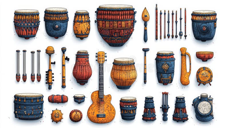 Colorful Musical Instruments Collection Featuring Drums, Guitars, and ...