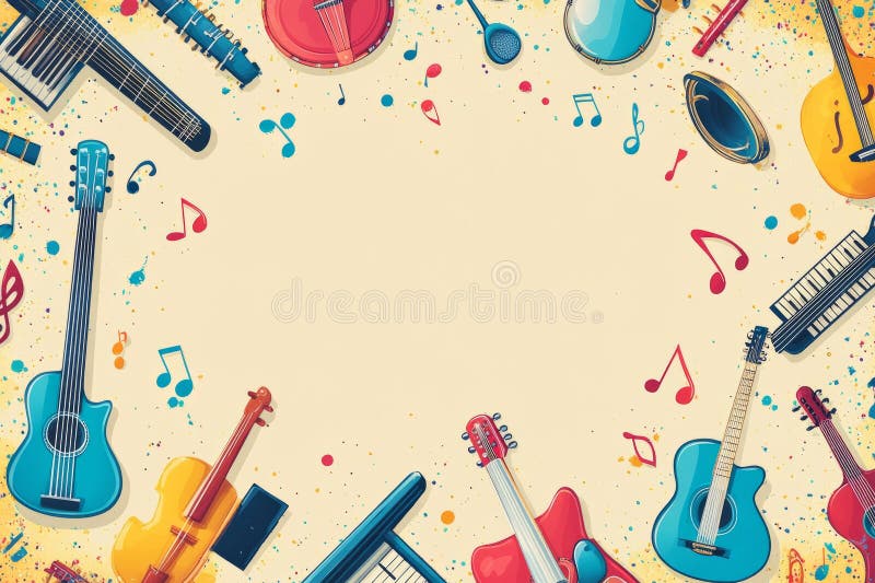 Colorful Musical Instruments Frame with Guitars, Violin, Banjo, and ...