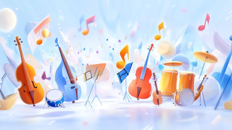 Colorful Musical Instruments and Notes Floating on Stage Creating a ...