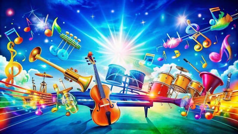 Colorful Musical Instruments with Notes in the Sky Stock Photo - Image ...