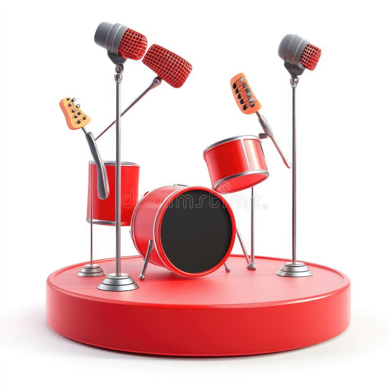 Red Drum Kit with Microphones and Guitar on Stage Stock Illustration ...