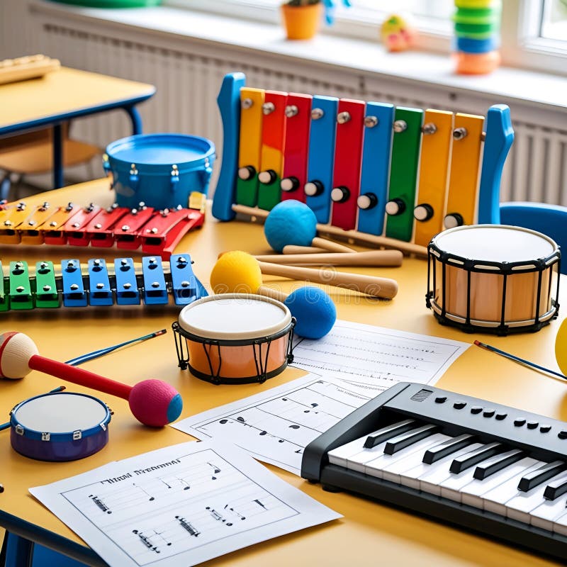 Colorful Musical Instruments Spread Across a Table Stock Photo - Image ...