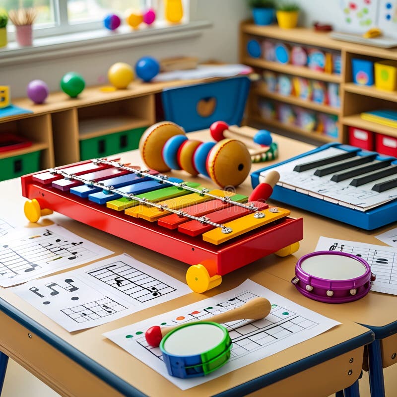 Colorful Musical Instruments Spread Across a Table Stock Photo - Image ...