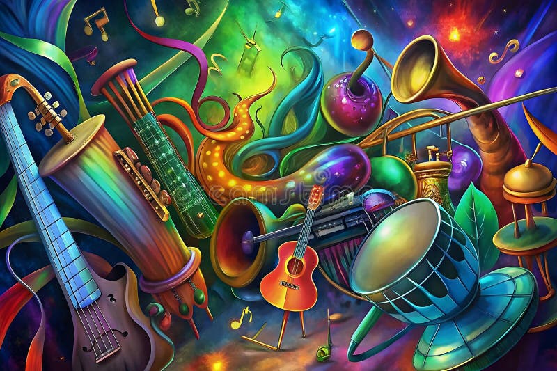 Colorful Musical Instruments and Vibrant Abstract Swirls with Dynamic ...