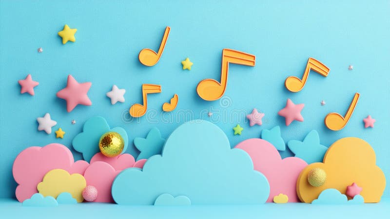 Colorful Musical Notes and Clouds on Blue Background with Stars Stock ...