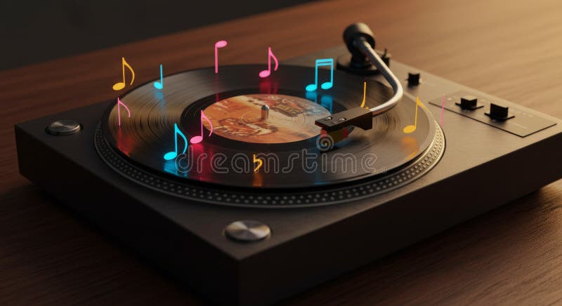 Colorful Musical Notes Dance Around Vintage Turntable on Wooden Surface ...