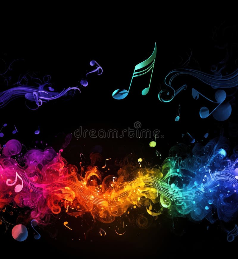 Colorful Musical Notes and Vibrant Smoke Waves on Black Background ...