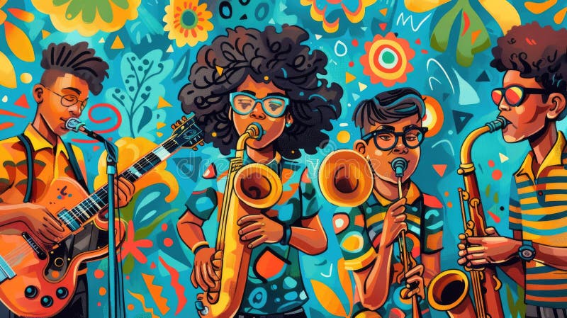 Colorful Musicians Playing Instruments on Vibrant Backdrop Stock ...