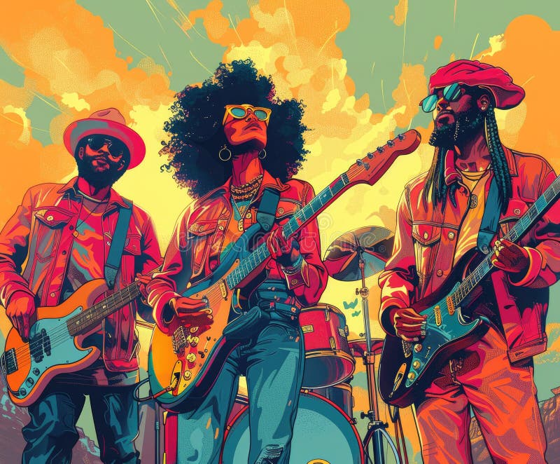 Colorful Musicians Playing Instruments on Vibrant Backdrop Stock ...