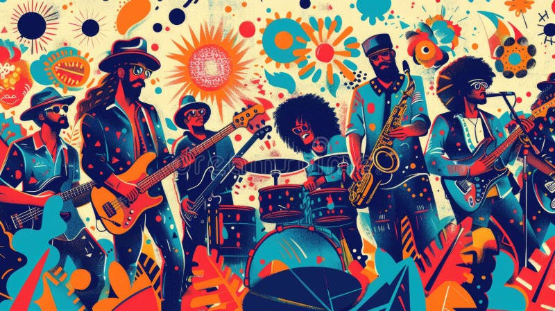 Colorful Musicians Playing Instruments on Vibrant Backdrop Stock ...