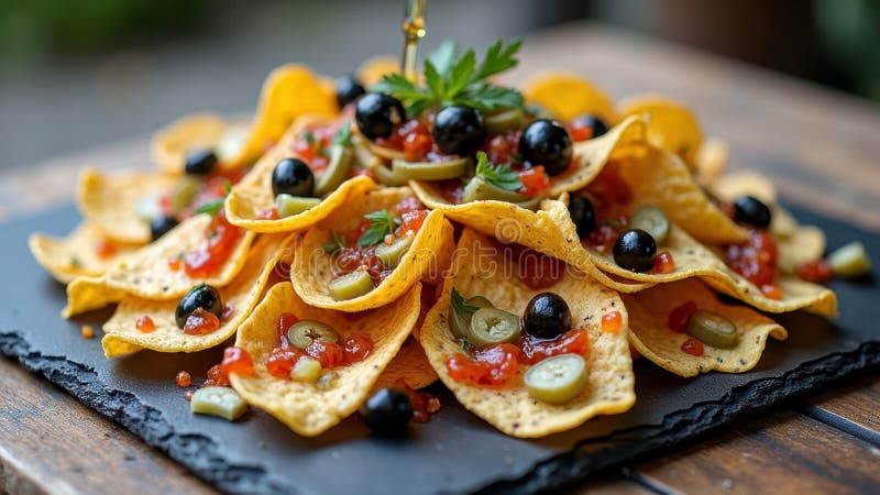 Colorful Nachos with Salsa, Black Olives, and Green Olives on Slate ...