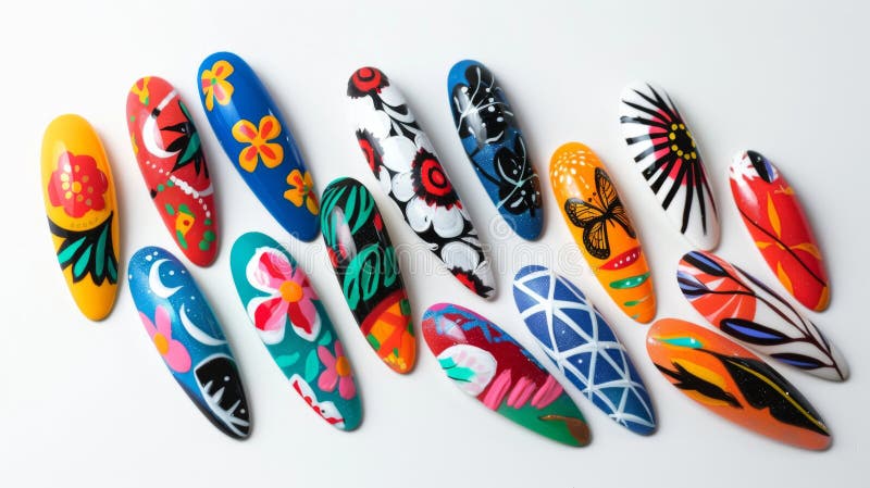 Colorful Nails with Various Designs on White Surface Stock Photo ...
