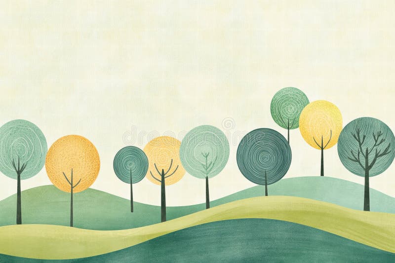 Colorful Naive Art Style Landscape with Trees and Rolling Hills ...