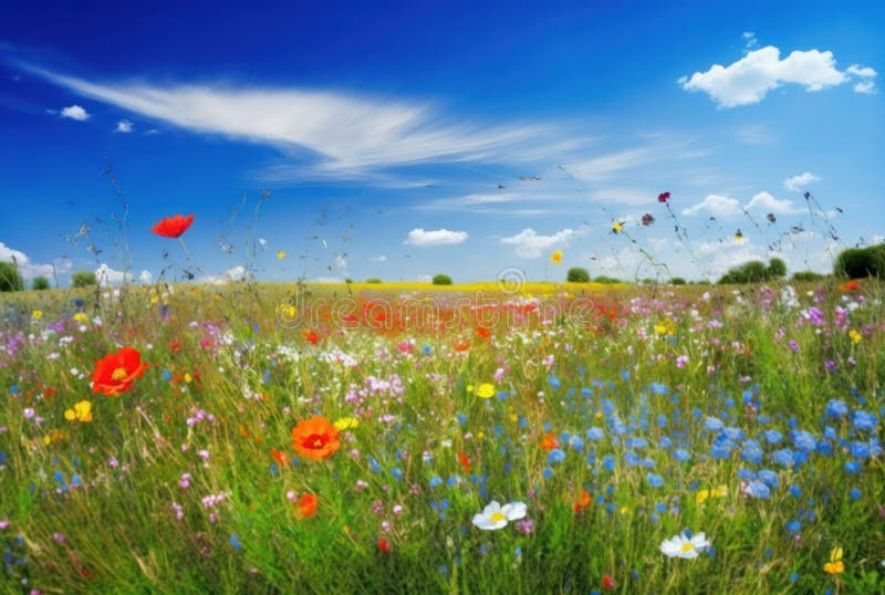 Colorful Natural Flower Meadows Landscape with Blue Sky in Summer and ...