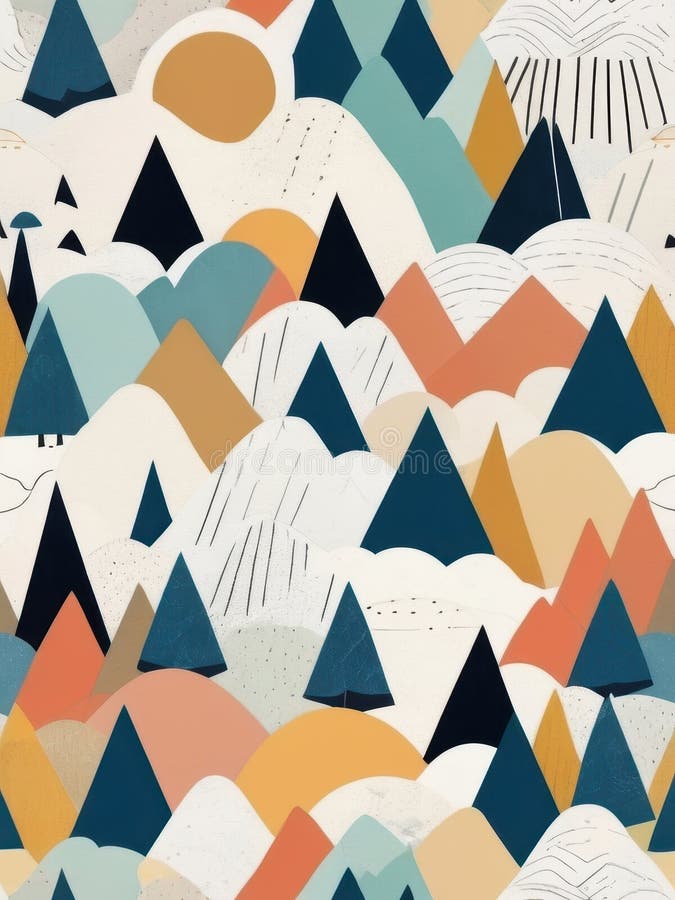 Colorful Nature-Inspired Pattern with Mountains and Sun Symbols Stock ...