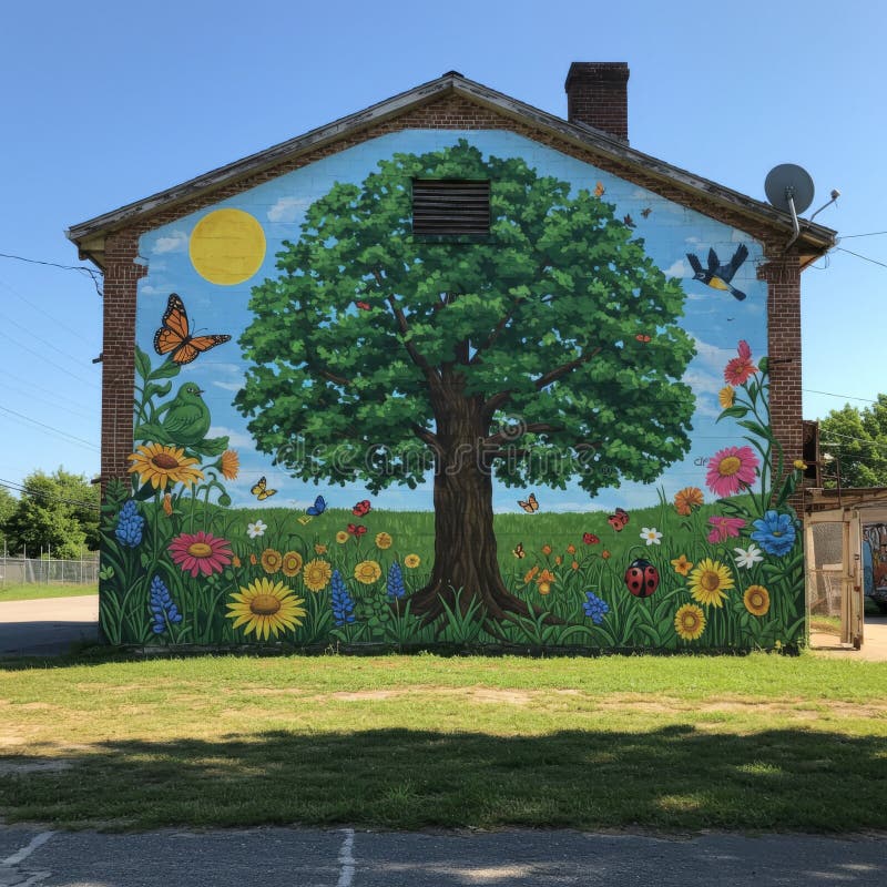 Colorful Nature Mural on Brick Building Exterior Stock Illustration ...