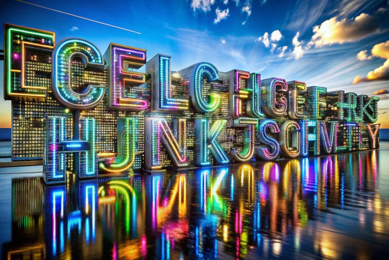 Colorful Neon Alphabet Letters Cityscape Reflection Stock Illustration ...