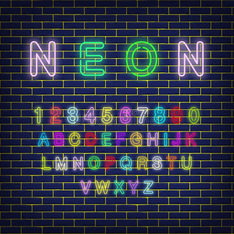 Colorful Neon Alphabets and Numbers on Neon Brick Wall Stock Vector ...