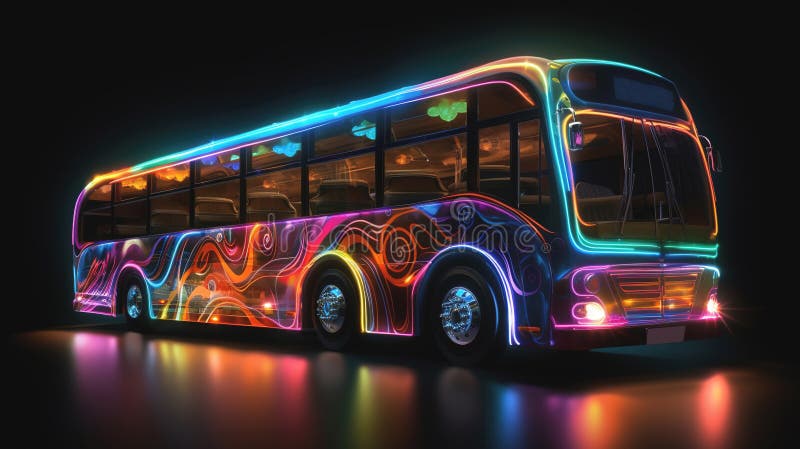 Colorful Neon Bus on the Street with Colorful Lights. Stock ...