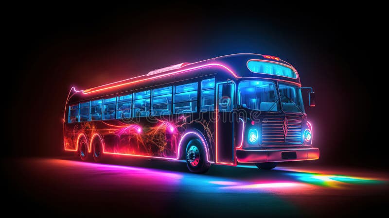 Colorful Neon Bus on the Street with Colorful Lights.. Stock ...