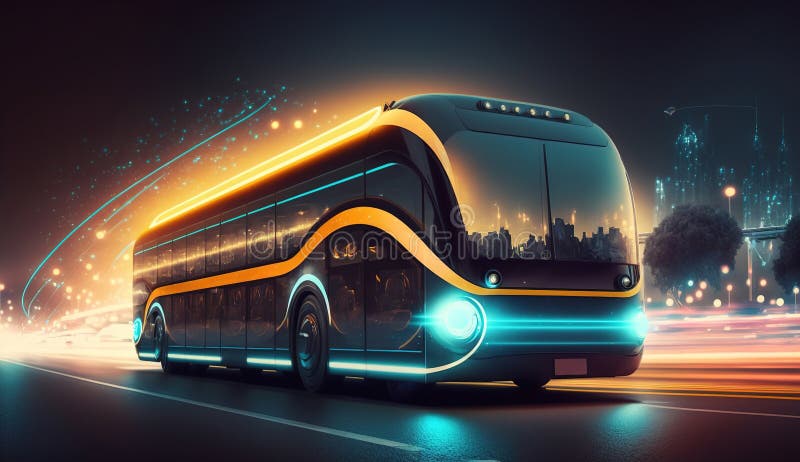 Colorful Neon Bus on the Street with Colorful Lights. Stock ...