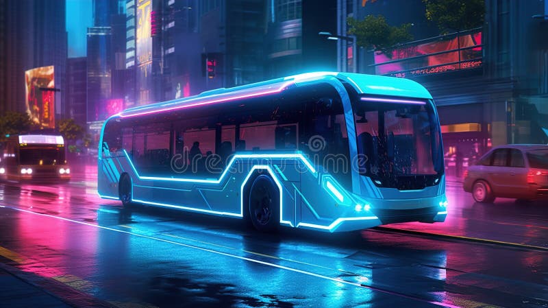 Colorful Neon Bus on the Street with Colorful Lights. Stock ...