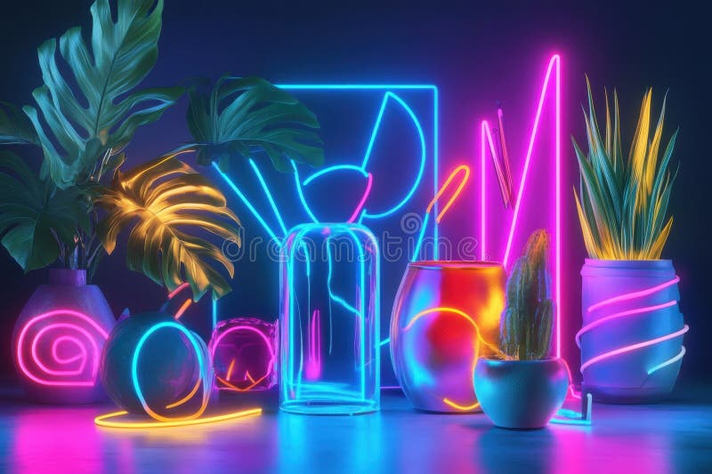 Colorful Neon Decor with Plants and Artistic Elements in a Vibrant ...