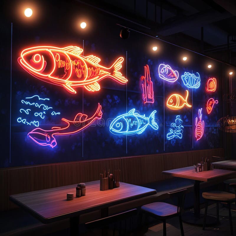 Colorful Neon Fish Signs in a Pub. 3D Rendering. Artificial ...