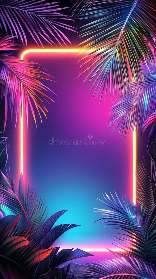Colorful Neon Frame with Tropical Palm Leaves and Vibrant Backdrop ...