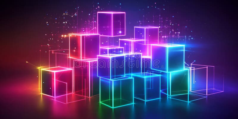 Colorful Neon Light Cubes with Sparkles in a Dark Background Stock ...