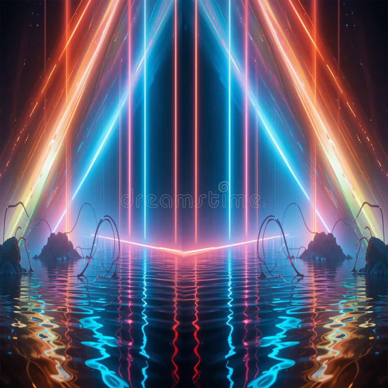 Colorful Neon Light Effect with Reflection on Water Stock Illustration ...