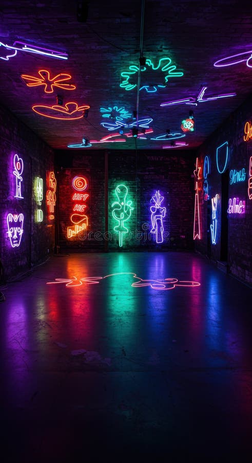 Colorful Neon Light Installation in Dark Room Stock Illustration ...