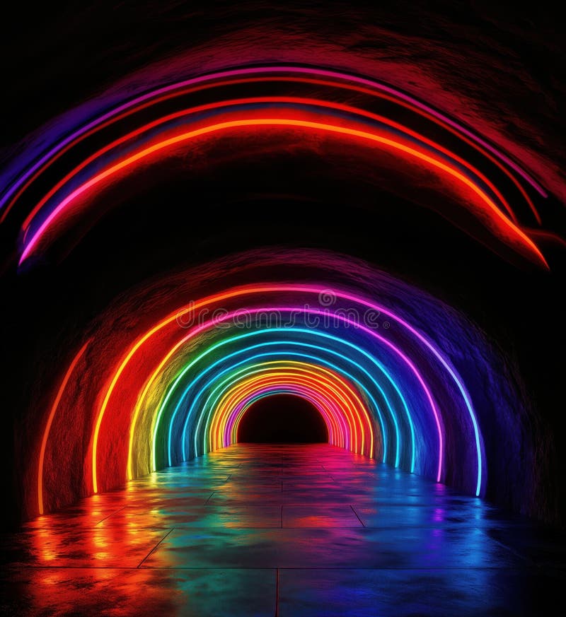 Colorful Neon Light Tunnel with Vibrant Rainbow Arcs and Reflective ...