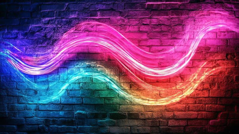 Colorful Neon Light Waves on Brick Wall, Vibrant Abstract Art Concept ...