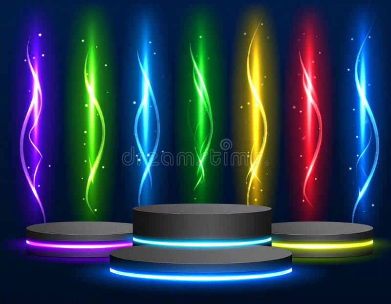 Colorful Neon Lights on Dark Stage Platforms Stock Illustration ...