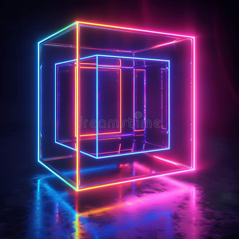 Colorful Neon Lights Forming Abstract Cubes Glowing in Dark Space Stock ...