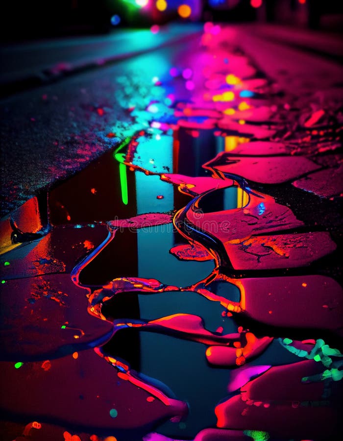 Neon Lights on the Wet Street, Created with Generative AI Stock ...